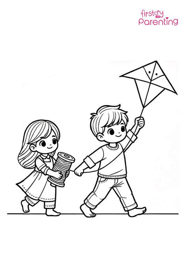 Boy and Girl Flying a Kite Colouring Page Printable Coloring Page for ...