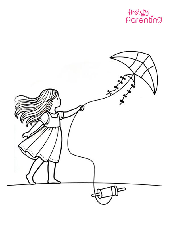 Little Girl on a Hill Flying a kite Colouring Page Printable Coloring ...